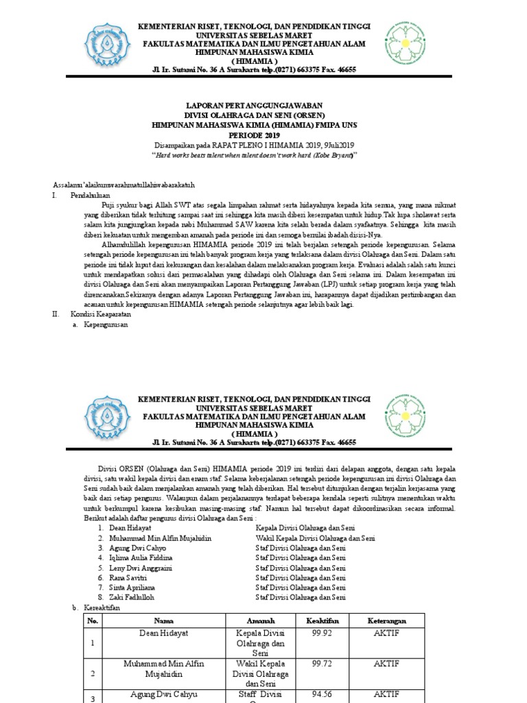 LPJ Divisi Olahraga dan Seni HIMAMIA 2019 | PDF
