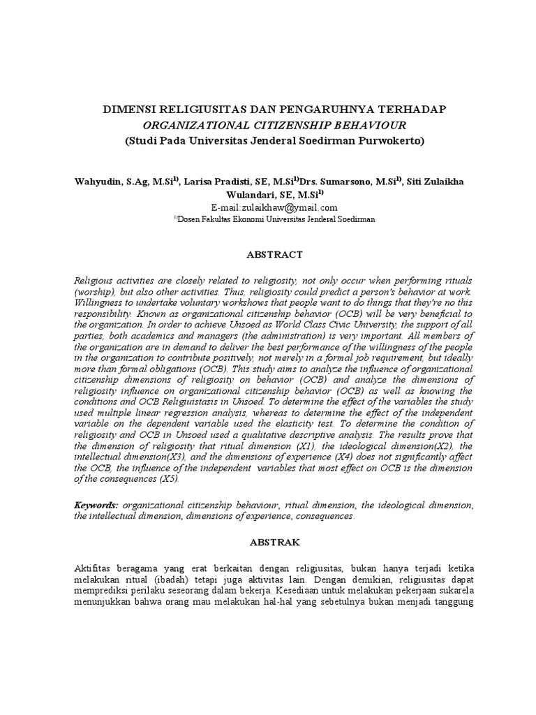 Dimensi Religiusitas dan OCB di Unsoed | PDF | Action (Philosophy ...
