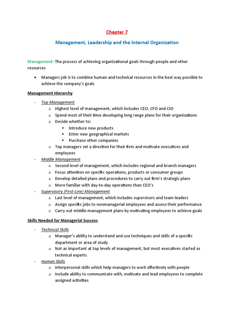 Chapter 7 - Management, Leadership and The Internal Organization | PDF ...