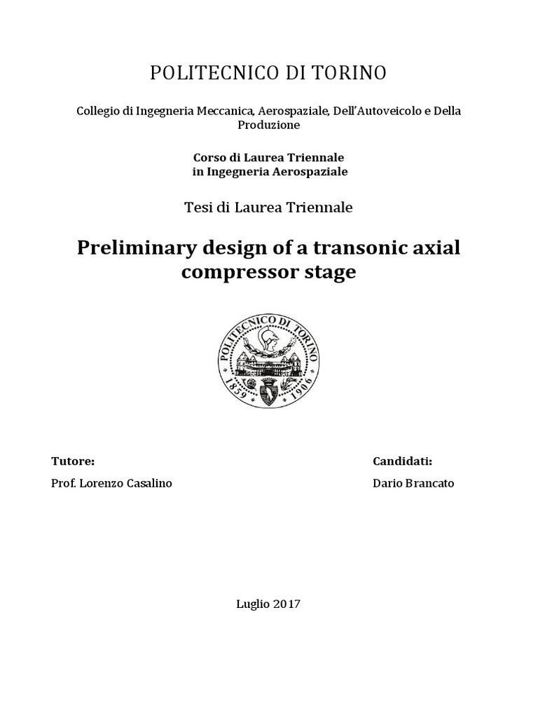 Preliminary Design of A Transonic Axial Compressor Stage Dario Brancato ...