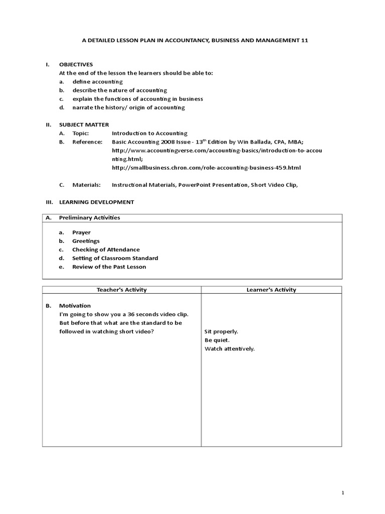 Lesson Plan in Accounting | PDF | Accounting | Financial Statement