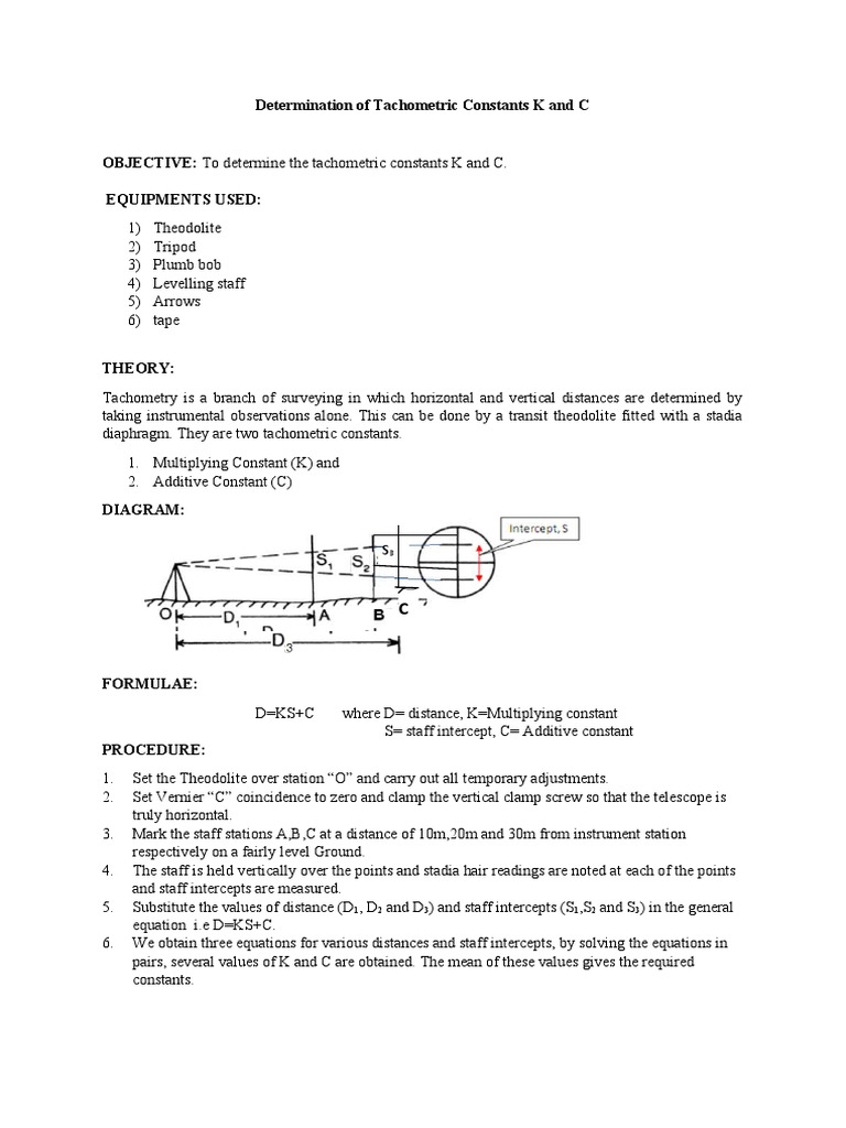 Determination of Tachometric Constants of Theodolite | PDF | Teaching ...
