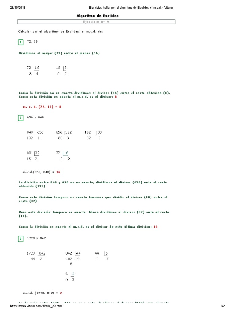 Ejercicios Hallar Por El Algoritmo de Euclides El M.C.D. - Vitutor ...