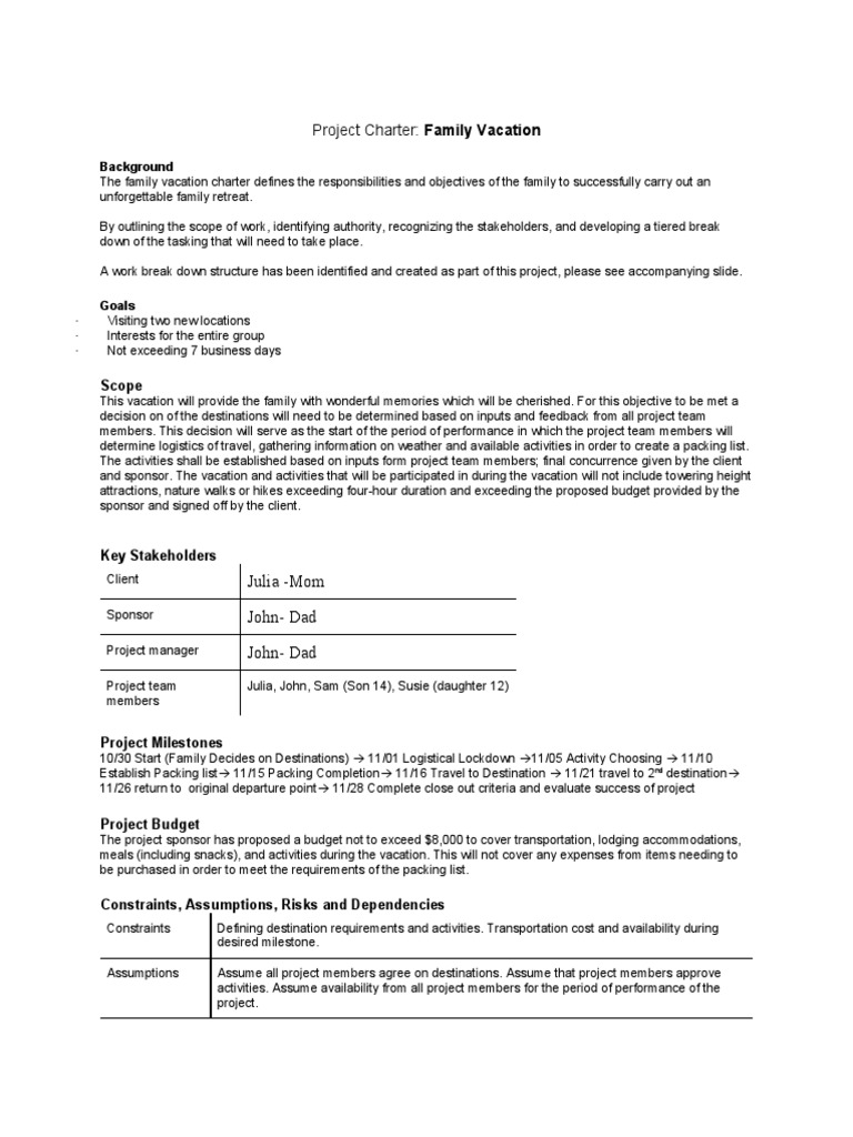 Family Vacation Project Charter | PDF | Business
