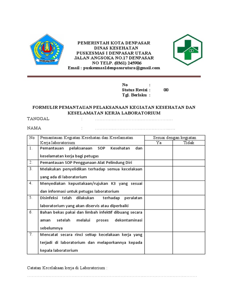 FORMULIR PEMANTAUAN K3 LABORATORIUM | PDF
