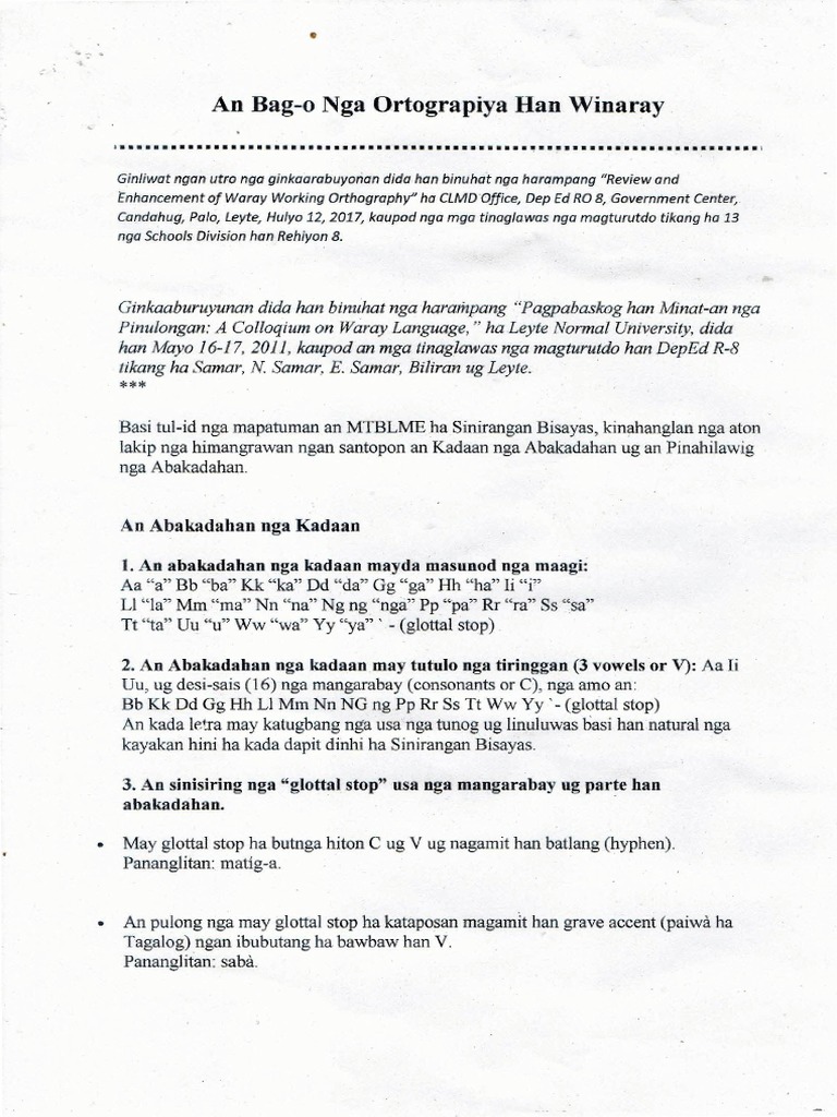 An Bag-O Nga Ortograpiya Han Winaray Revised 2016 | PDF
