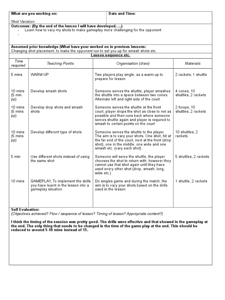 Lesson Plan Badminton | PDF | Lesson Plan | Applied Psychology