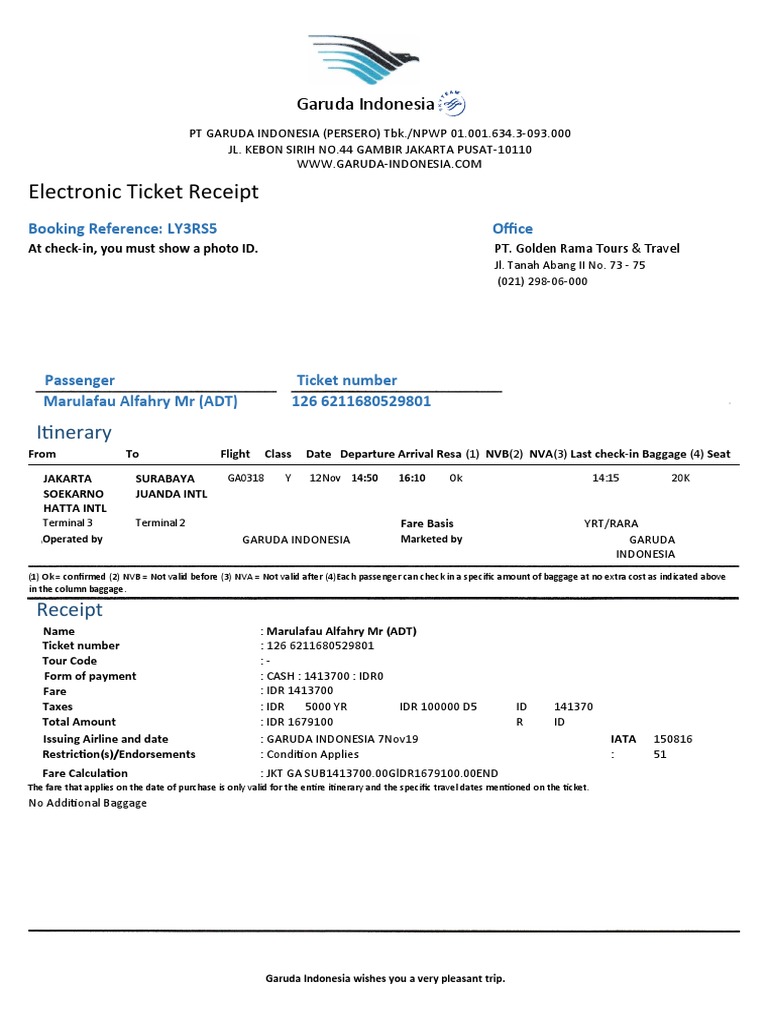 Garuda Indonesia Electronic Ticket Receipt | PDF | Airlines | Aviation