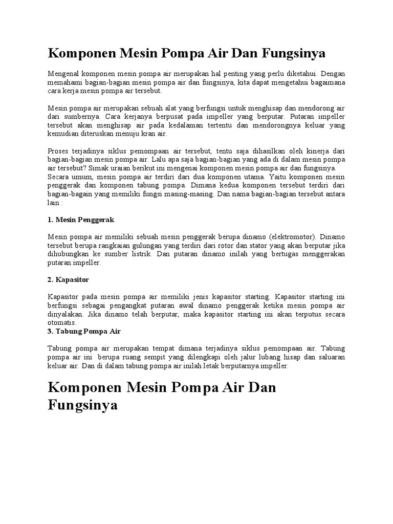 Komponen Mesin Pompa Air Dan Fungsinya | PDF