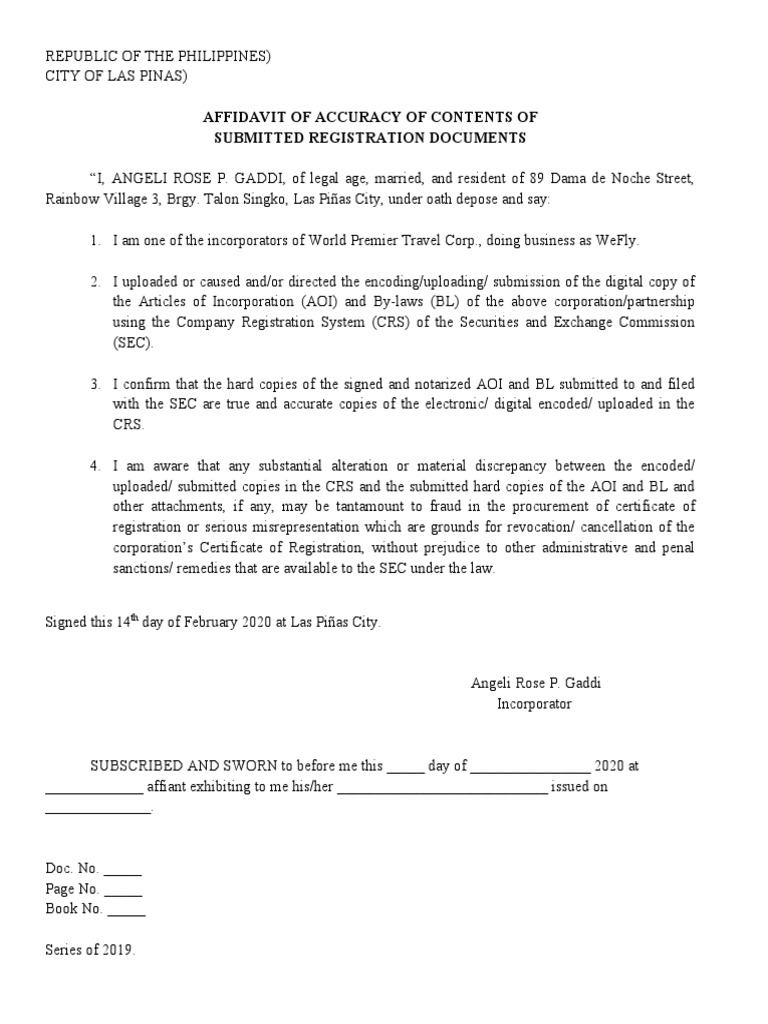 Affidavit of Accuracy of Contents of Submitted Registration Documents | PDF | Affidavit | Common Law