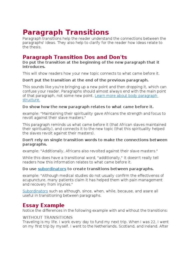 Paragraph Transitions | PDF | Definition | Language Mechanics