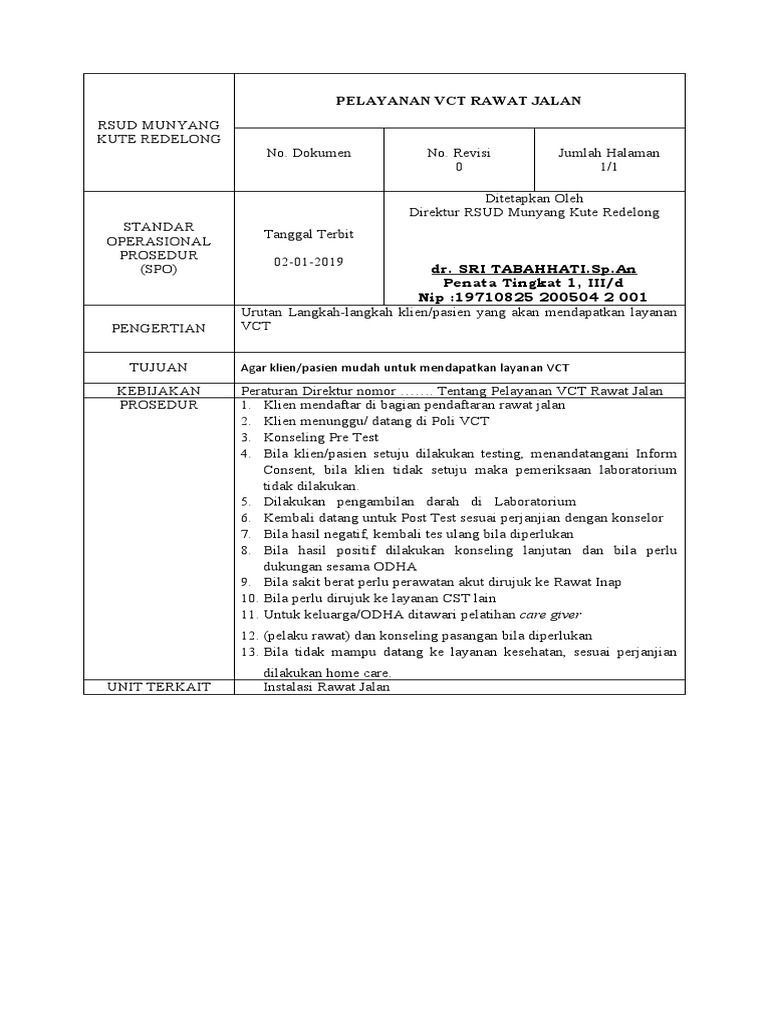 Spo Pelayanan VCT Rawat Jalan | PDF