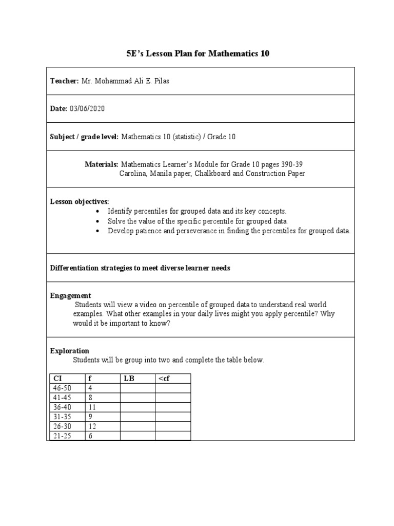 5e's Lesson Plan Final | Download Free PDF | Percentile | Lesson Plan