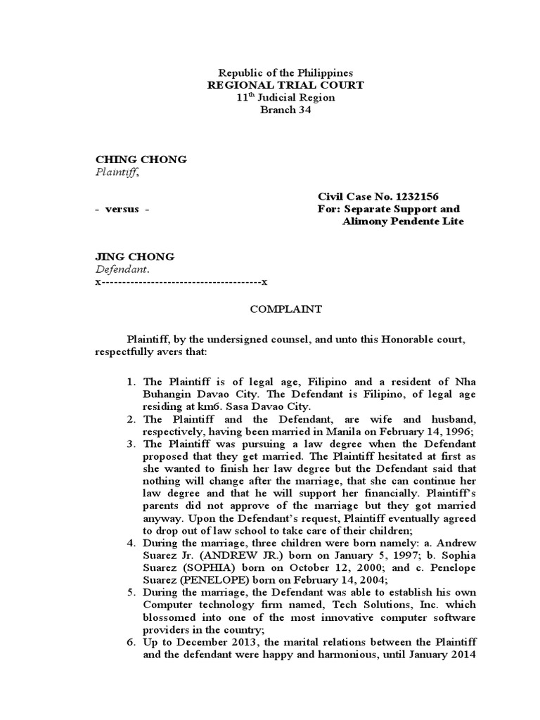 5 Complaint-for-Separate-Support | PDF | Lawsuit | Common Law