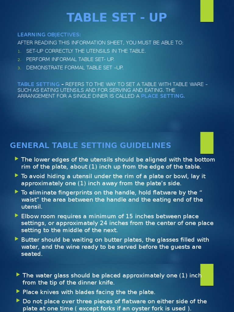 TABLE SET - UP Lesson 2 | PDF | Tableware | Domestic Implements