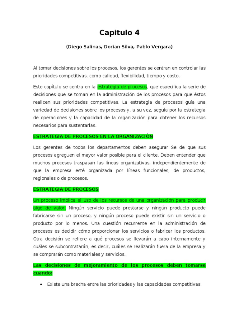 Resumen Capitulo 4 Diego Salinas, Dorian Silva, Pablo Vergara (Gestion de Operaciones) | PDF ...