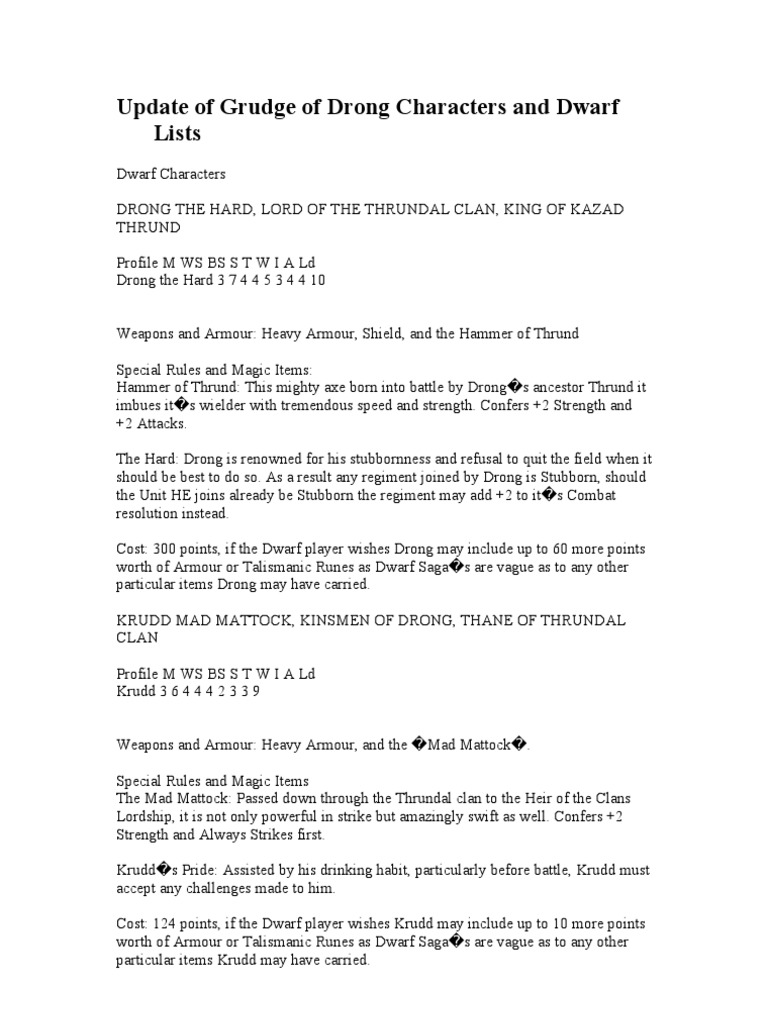 Update of Grudge of Drong Characters and Dwarf Lists | PDF | Fantasy ...