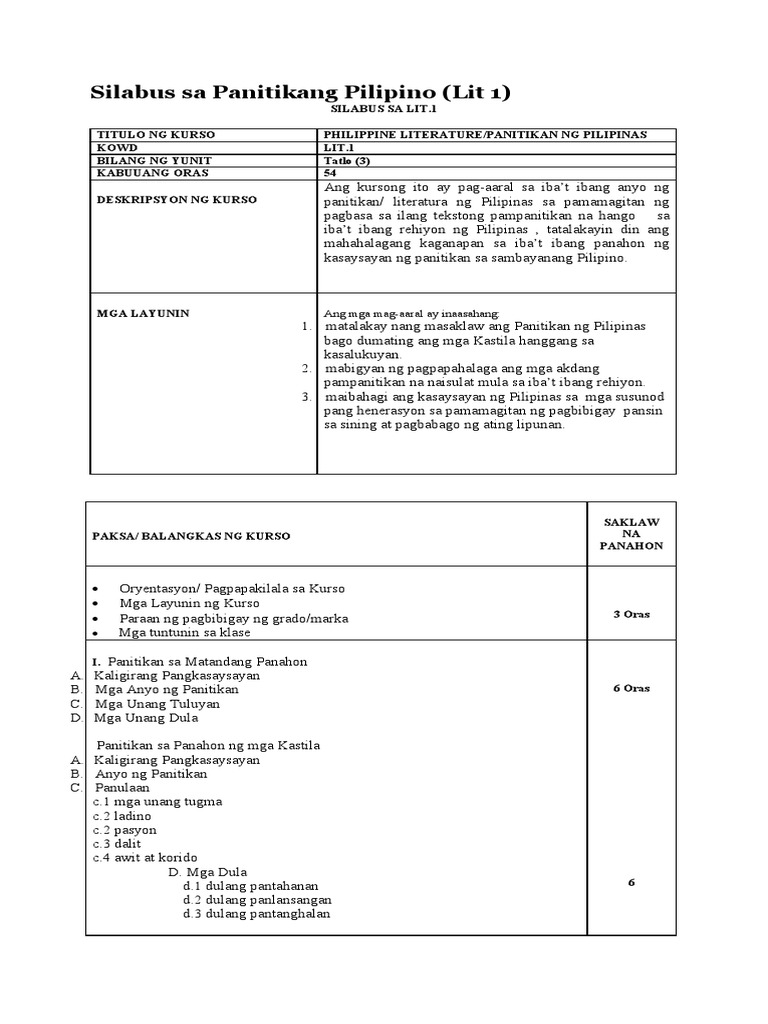 Silabus Sa Panitikang Pilipino | PDF