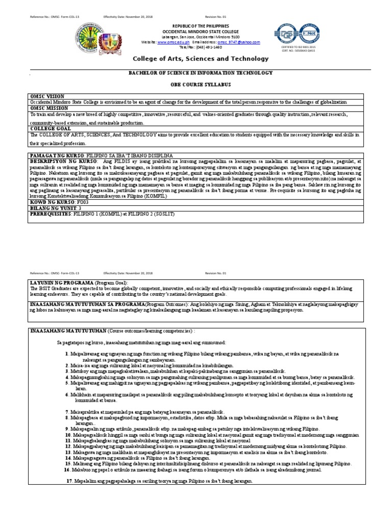 BSIT Syllabus Filipino Sa Iba't Ibang Disiplina | PDF