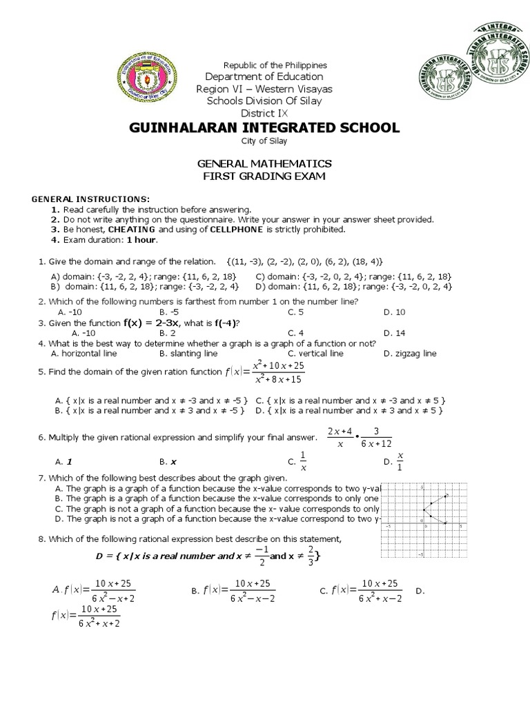First Quarter Exam | PDF | Function (Mathematics) | Abstract Algebra