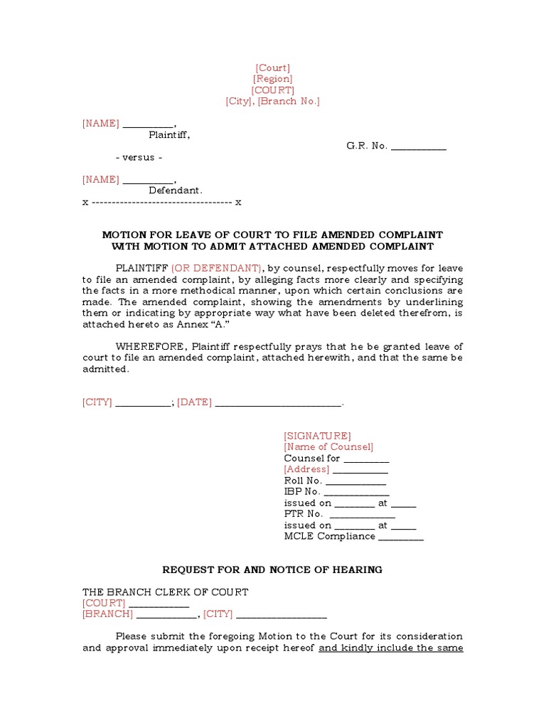 Motion For Leave To File Amended Complaint Motion To Amend Sample | PDF ...