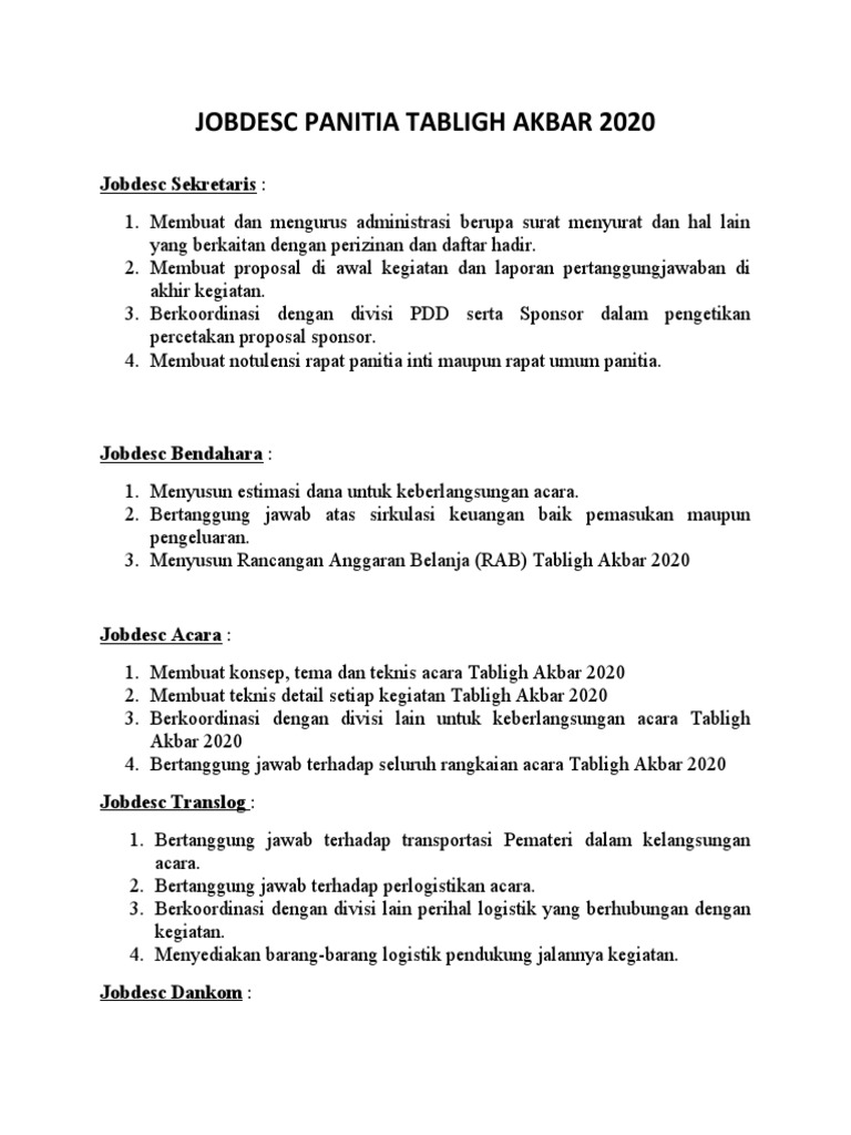 Jobdesc Panitia Tabligh Akbar 2020 | PDF