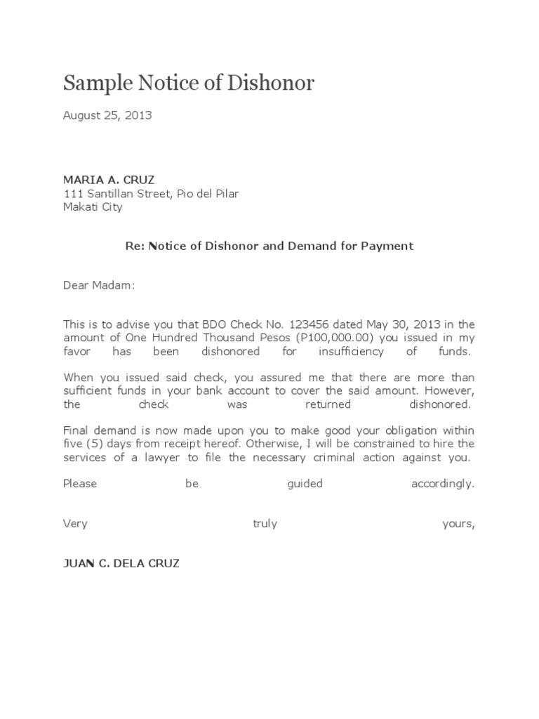 Notice of Dishonored Check and Final Demand for Payment to Avoid Legal ...