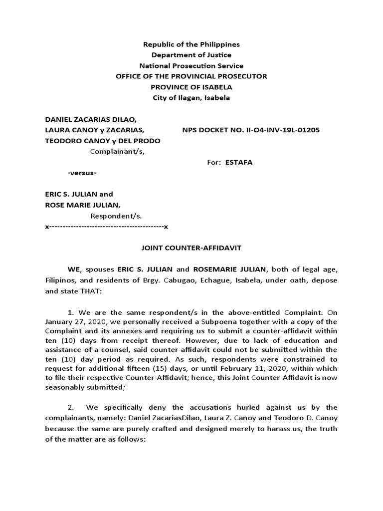 Joint Counter-Affidavit - For Criminal Case | PDF | Prosecutor | Fraud