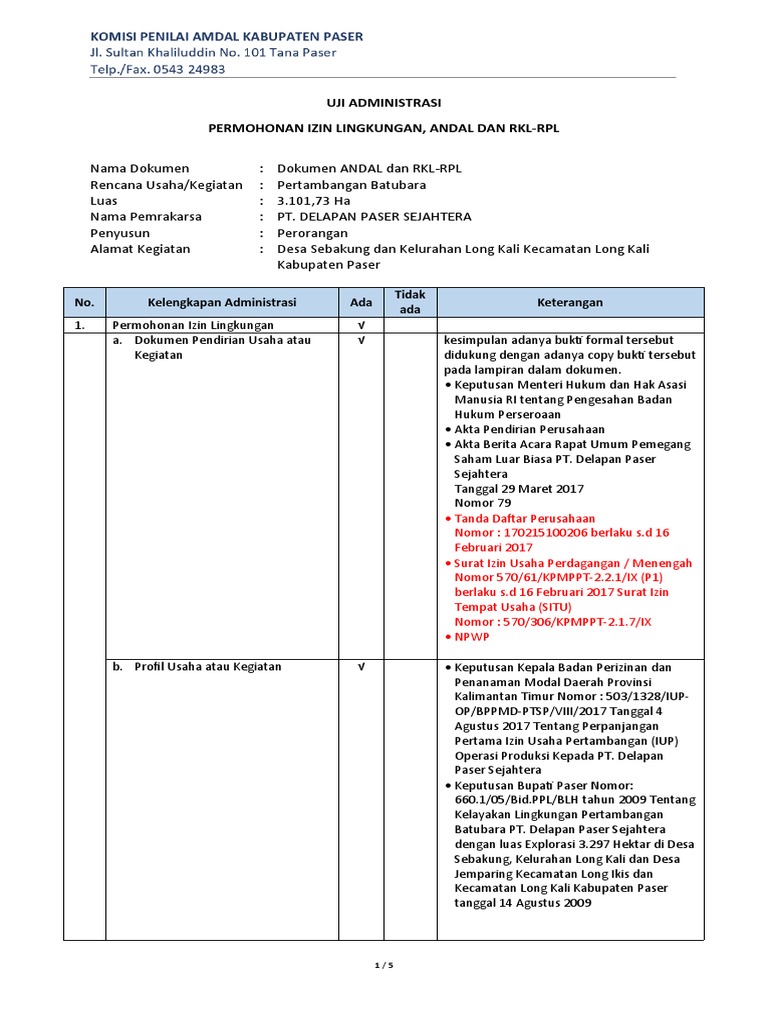 02 Uji Admin Izin Lingkungan Dan ANDAL, RKL-RPL | PDF