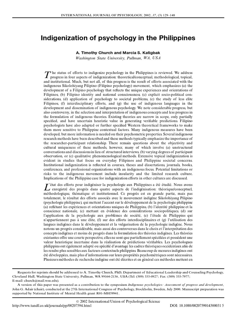 Indigenization of Psychology in The Philippines PDF | PDF | Theory ...