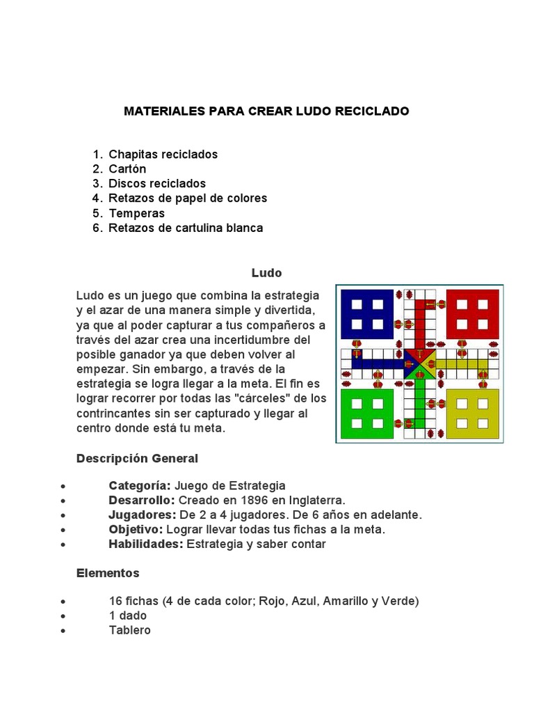 Crear Ludo Reciclado: Materiales y Reglas | PDF | Juegos de mesa ...