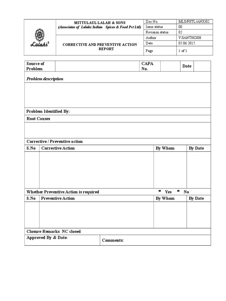 Corrective and Preventive Action Report | PDF