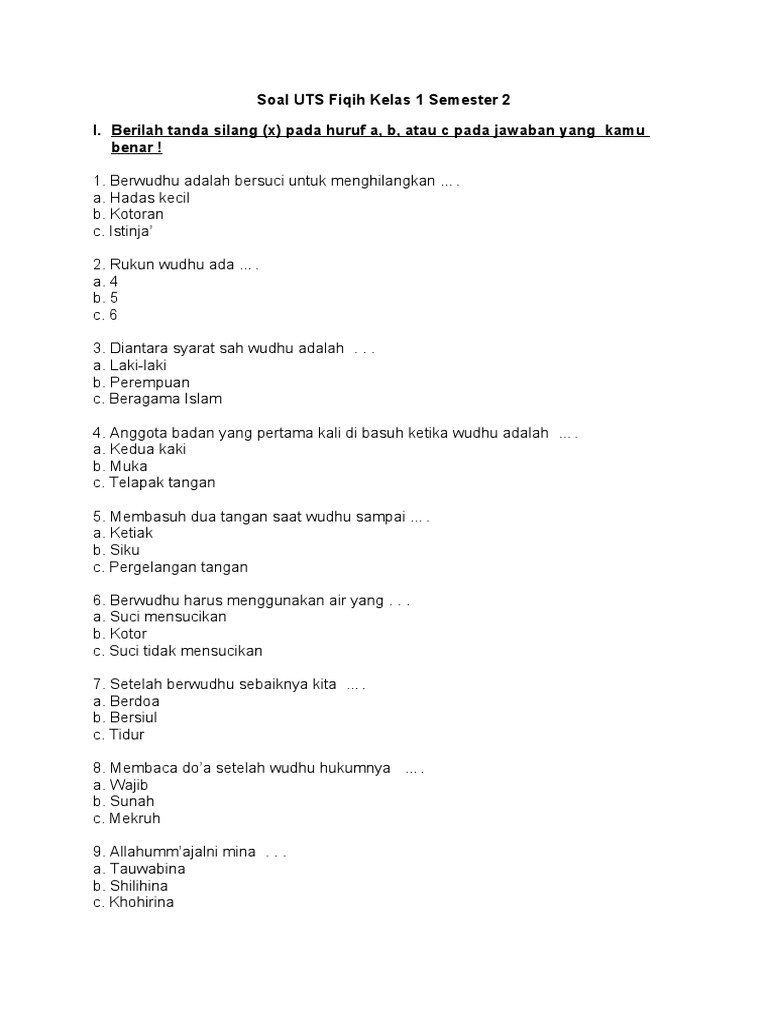 Soal UTS Fiqih Kelas 1 Semester 1 | PDF