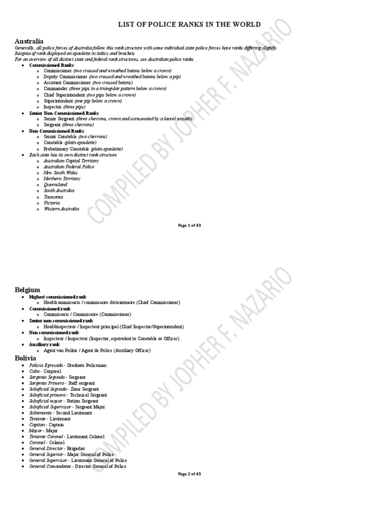 List of Police Ranks in The World | PDF | Inspector | Sergeant
