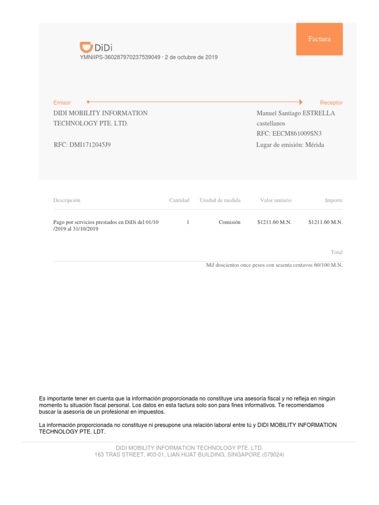 Factura DiDi de Octubre de 2019 1 | PDF