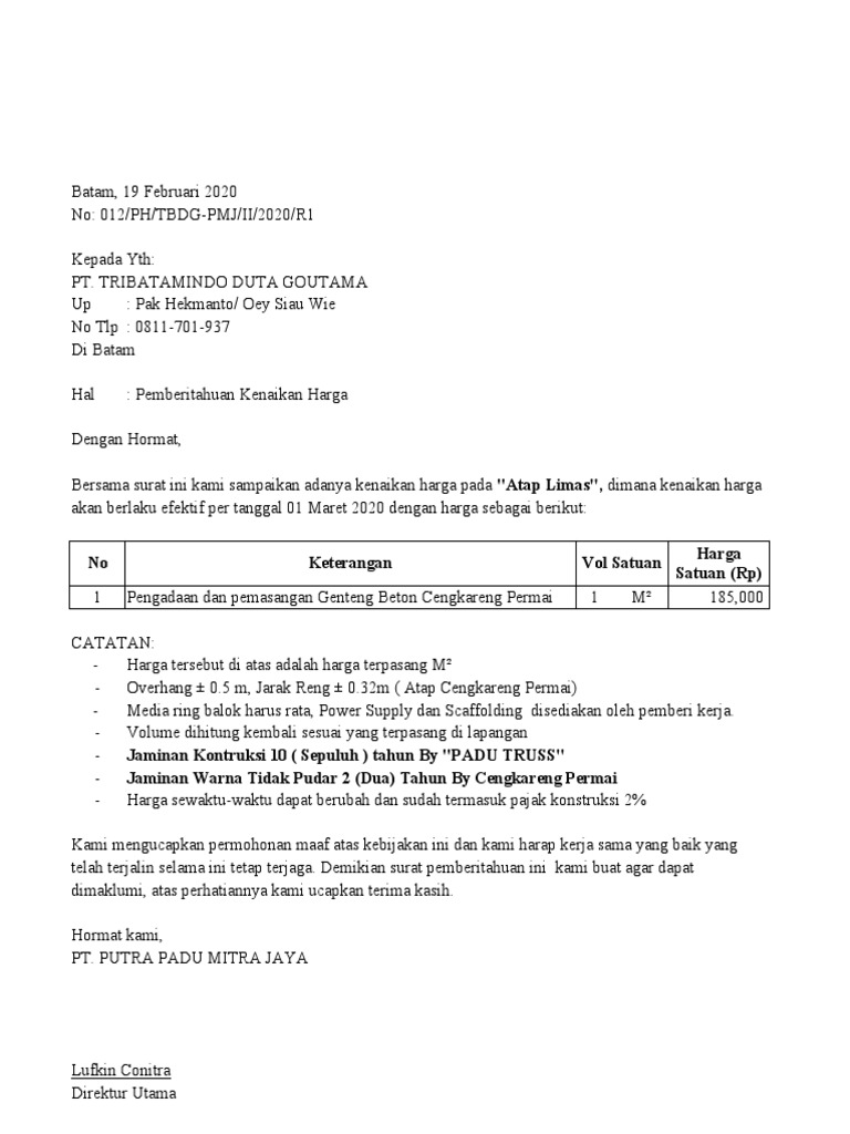 Surat Kenaikan Harga | PDF