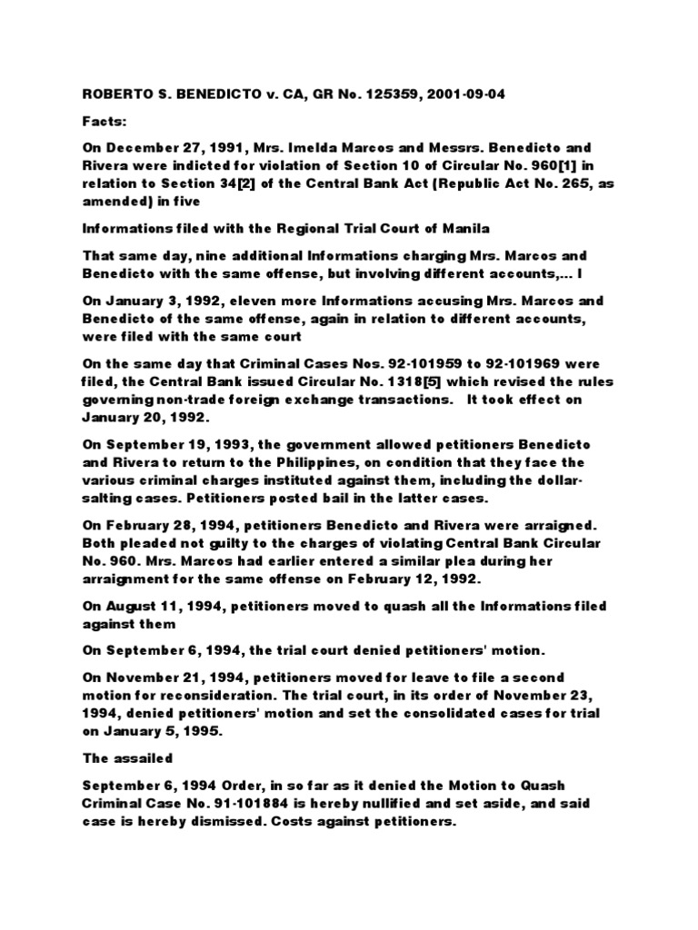 ROBERTO S. BENEDICTO v. CA, GR No. 125359, 2001-09-04 | PDF | Ex Post ...