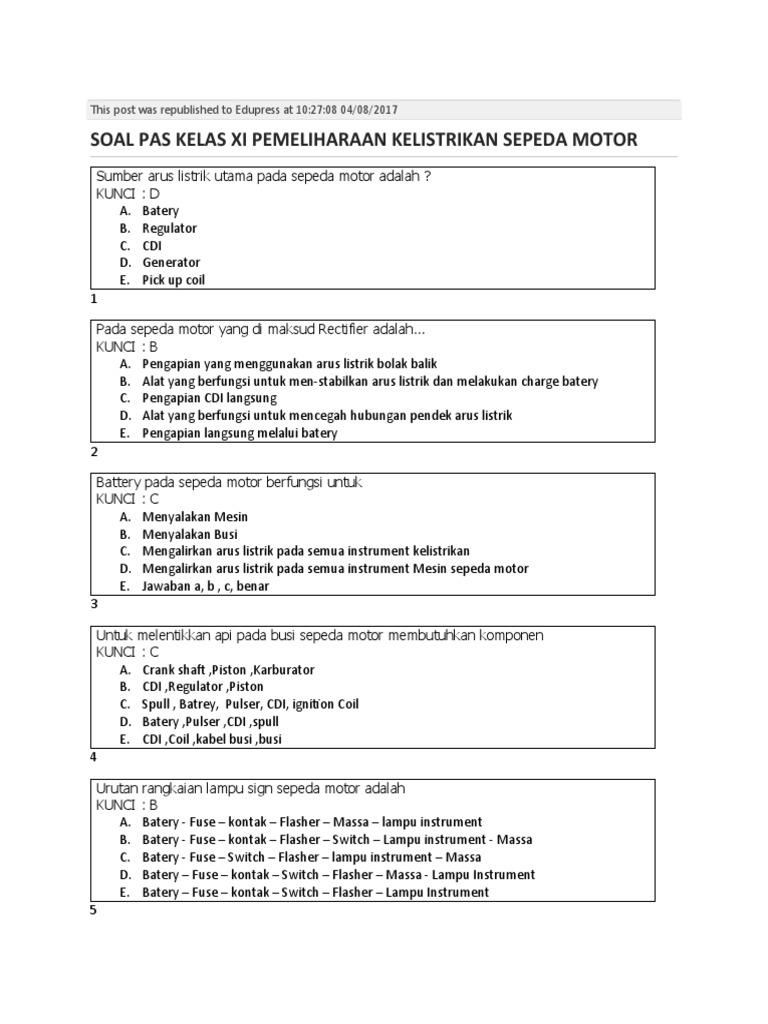 Soal Kelistrikan TBSM 13 Soal Untuk US | PDF
