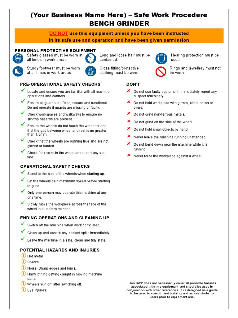 Grinding Machine Safety Operating Procedure | PDF | Industrial ...