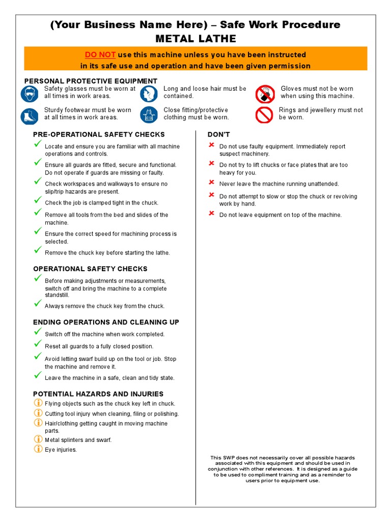 Lathe Machine Safety Operating Procedure | PDF | Personal Protective ...