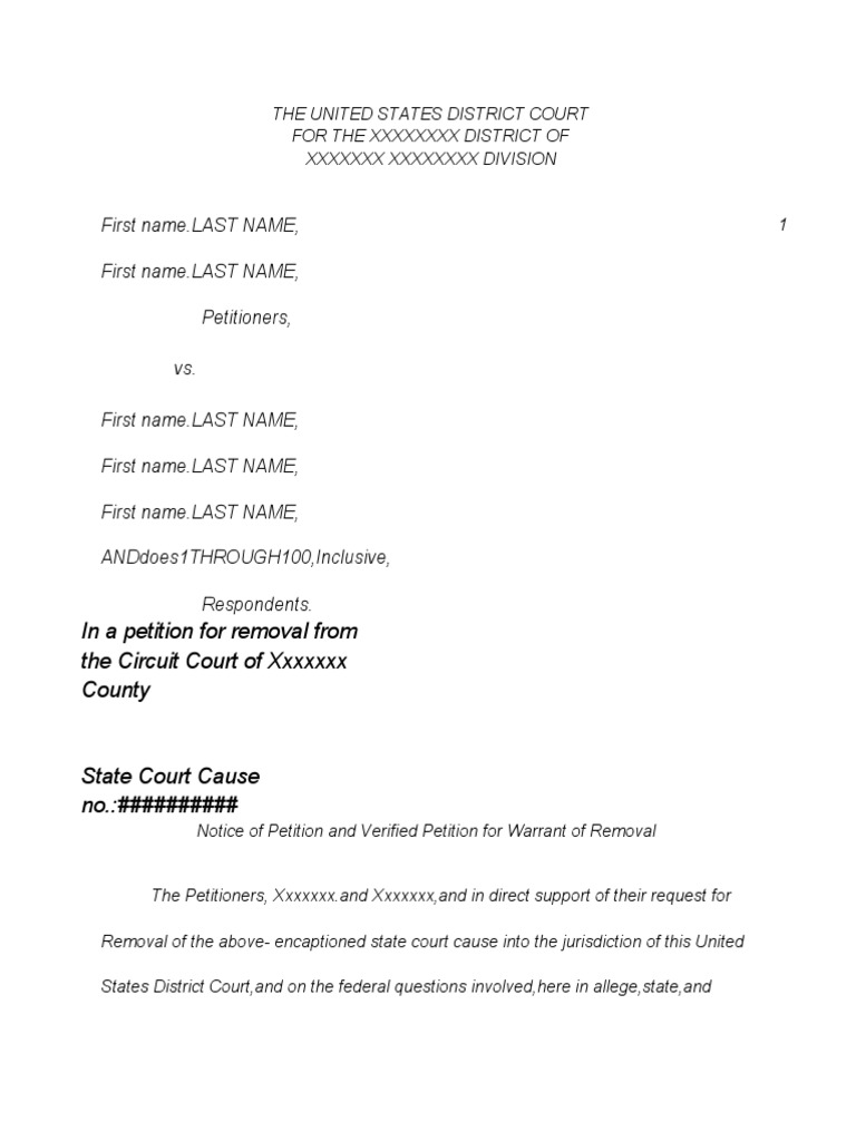 Petition For Removal From State To Federal Court | PDF | State Court ...