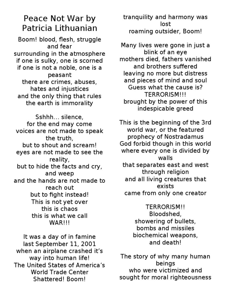 Peace Not War by Patricia | PDF