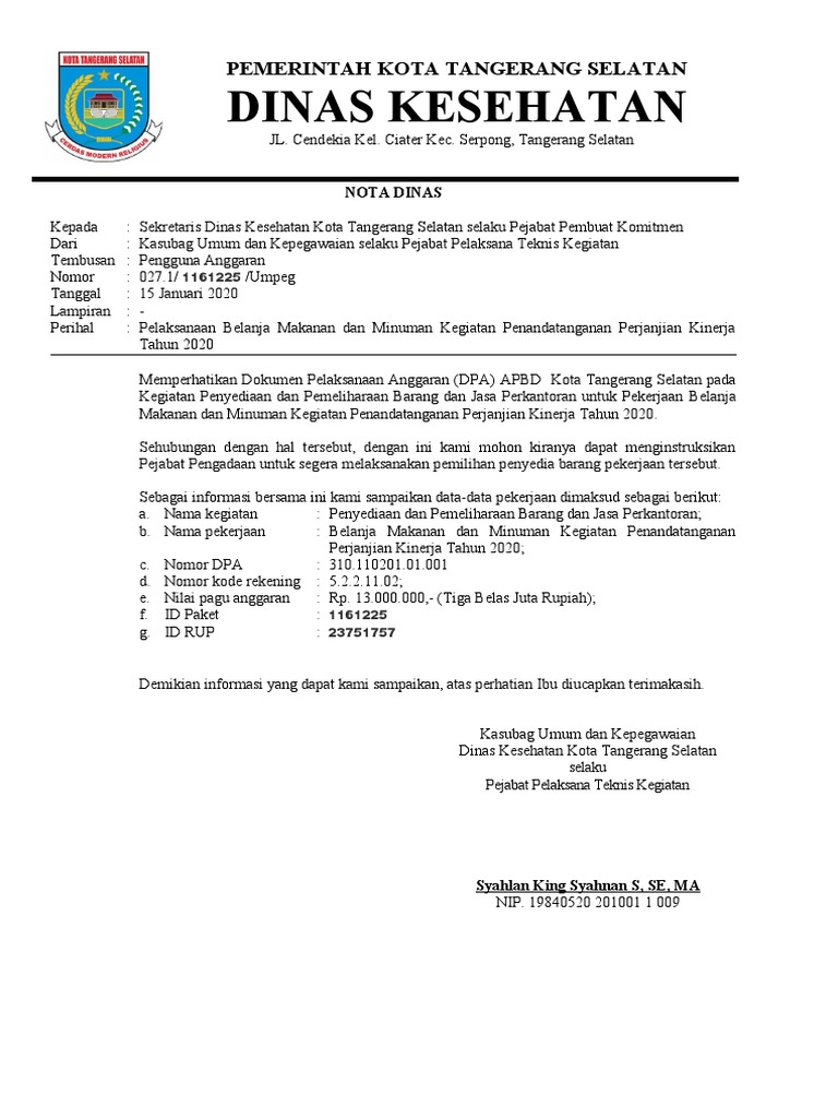 Nota Dinas PPTK | PDF