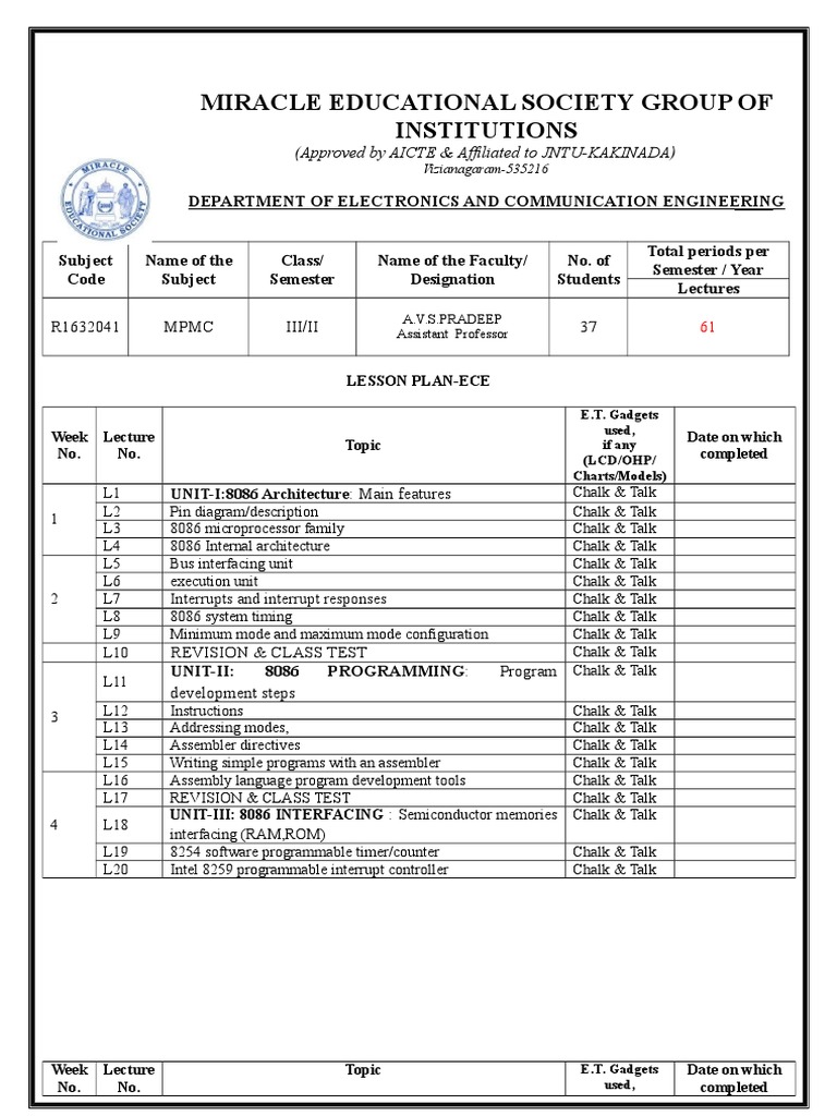 MRCL@MPMC LESSON Plan - ECE | PDF | Microcontroller | Manufactured Goods