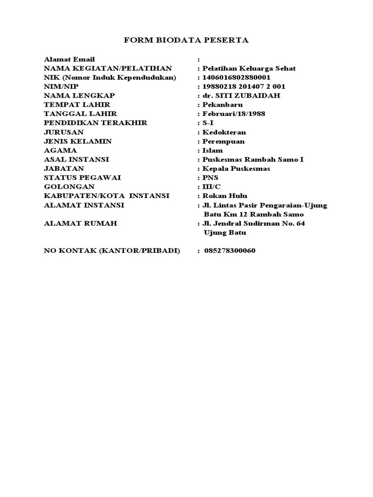 FORM BIODATA PESERTA Pelatihan KS | PDF