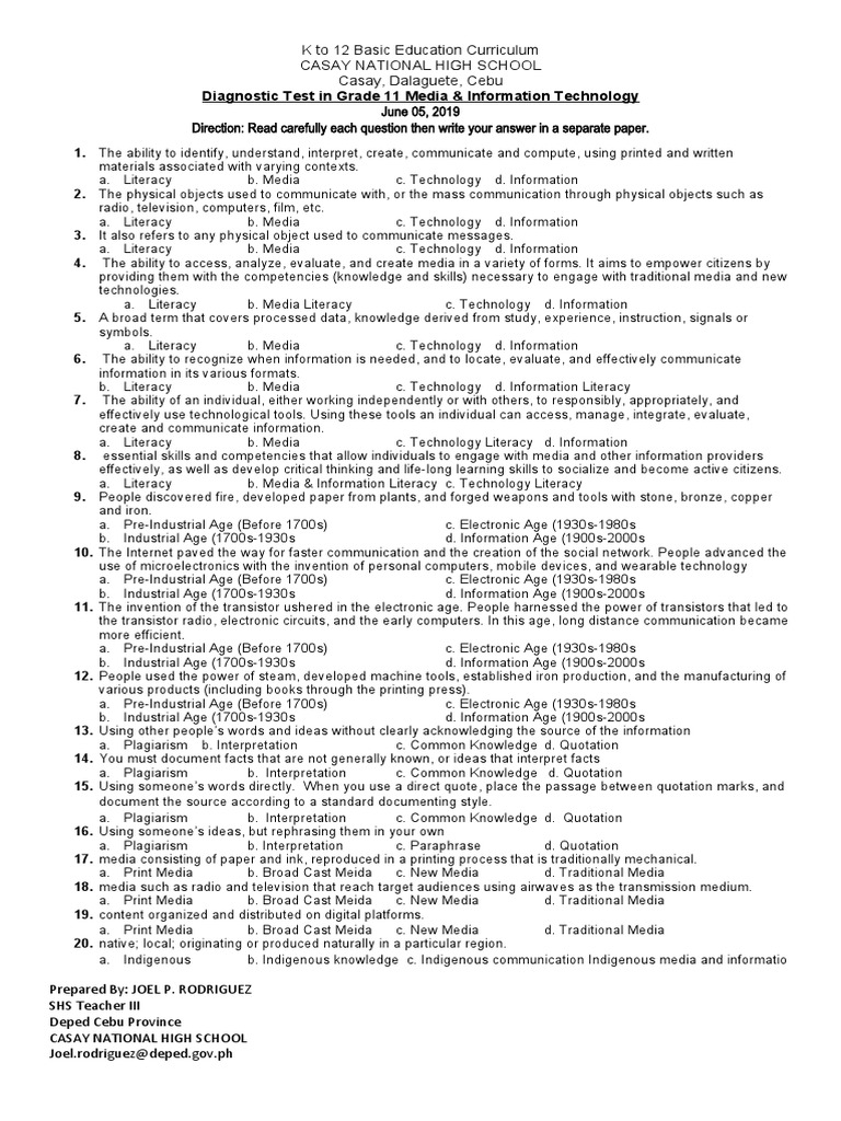 Diagnostic Test in Mil | PDF | Mass Media | Literacy