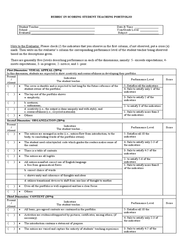 Rubric-In-Scoring-Student-Teaching-Portfolio Final | PDF | Rubric ...