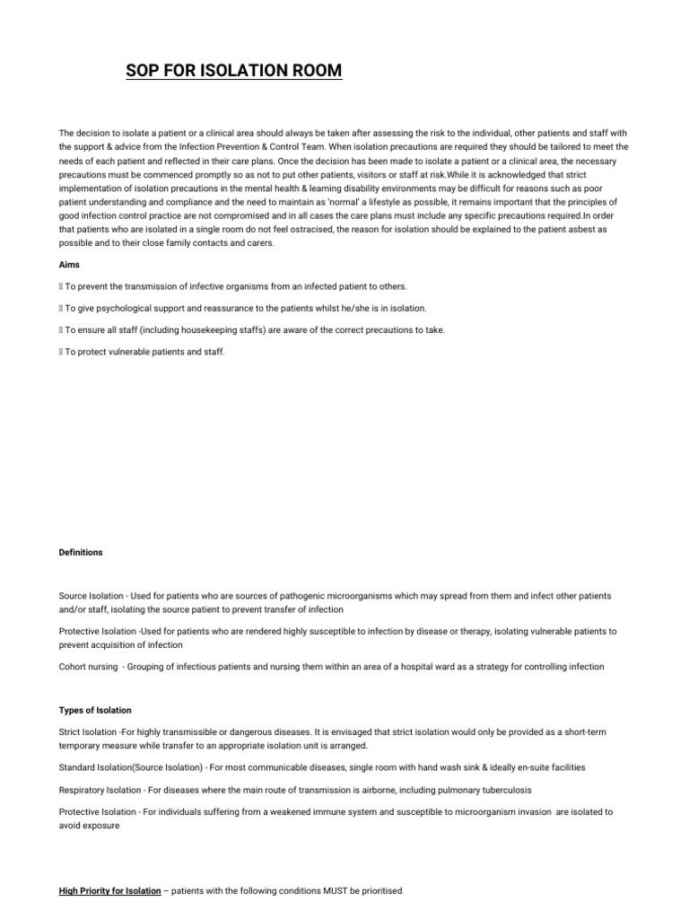 Sop Isolation | PDF | Infection Control | Infection