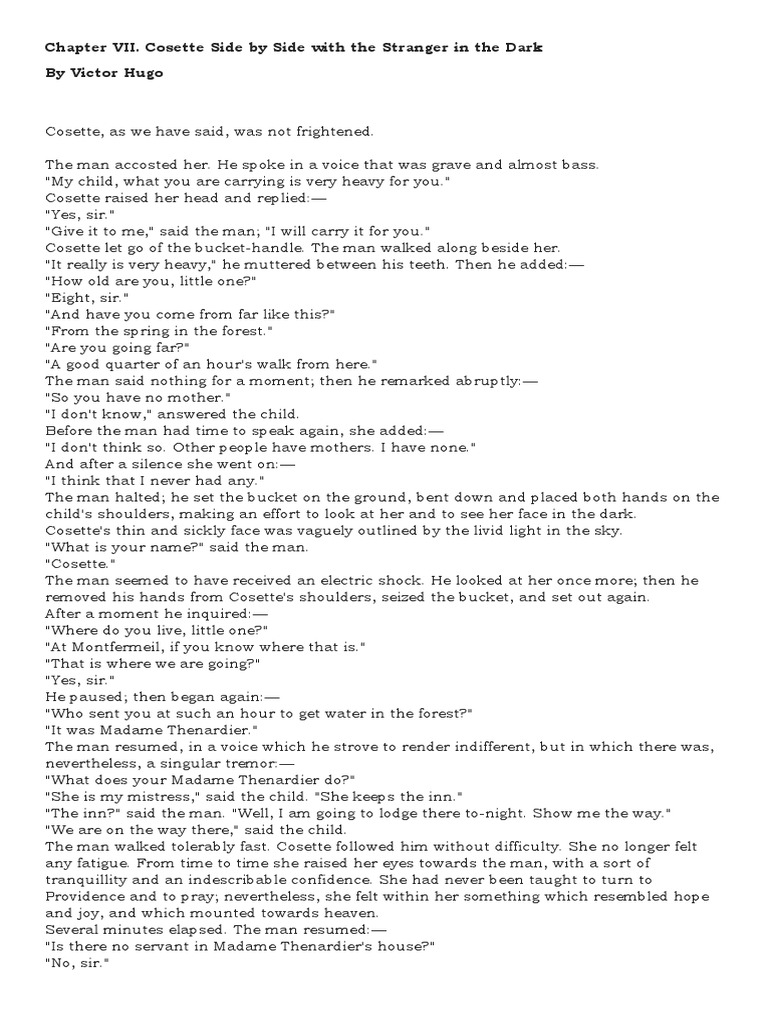Chapter VII Cosette Side by Side With Stranger in The Dark | PDF | Cosette