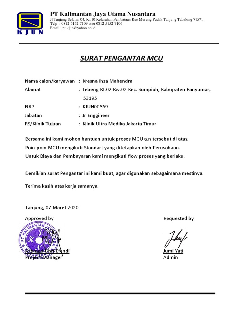 Surat Pengantar Mcu Kresna Ihza Mahendra PDF | PDF